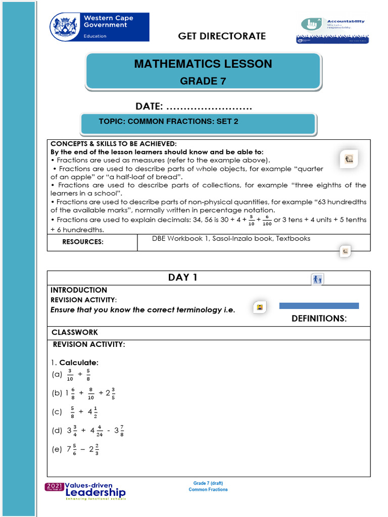 Lesson Plan Gr. 7 Mathematics Term 1 Week 6 Common Fractions | Download ... Lesson Plan Gr. 7 Mathematics Term 1 Week 6 Common Fractions | Download ...
