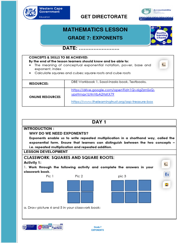 Lesson Plan Gr. 7 Mathematics Term 1 Week 4 EXPONENTS Lesson 1&2 | PDF ...