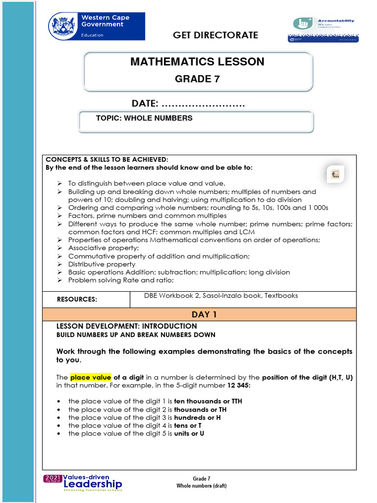 Grade 7 Whole Numbers Overview | PDF | Multiplication | Numbers