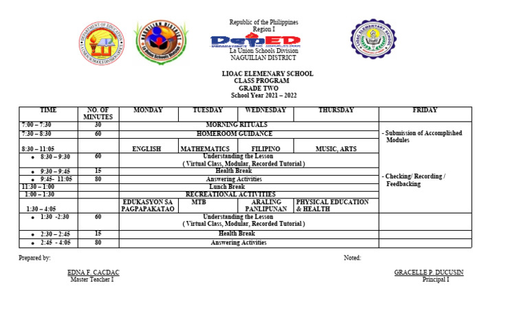 Grade 2 Class Schedule 2021-2022 | PDF