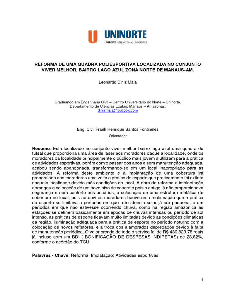 Reforma de Uma Quadra Poliesportiva Localizada No Conjuto Viver Melhor | PDF | Tinta | Concreto