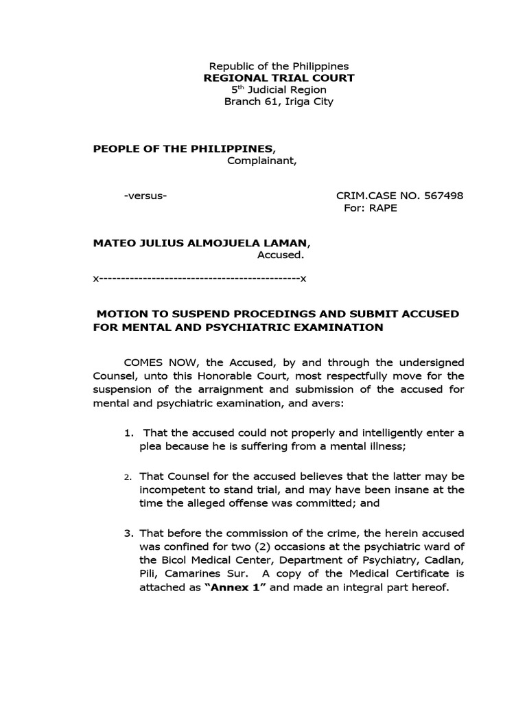 Laman - Motion To Suspend Procedings | PDF | Psychiatry | Crime & Violence