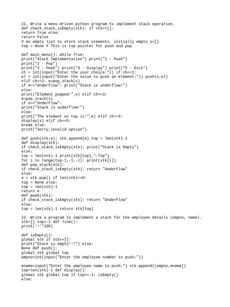 Python Stack Programs for Students | PDF | Data Management | Computer Programming