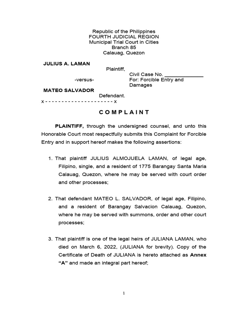Laman - Complaint Forcible Entry | PDF | Lawsuit | Complaint