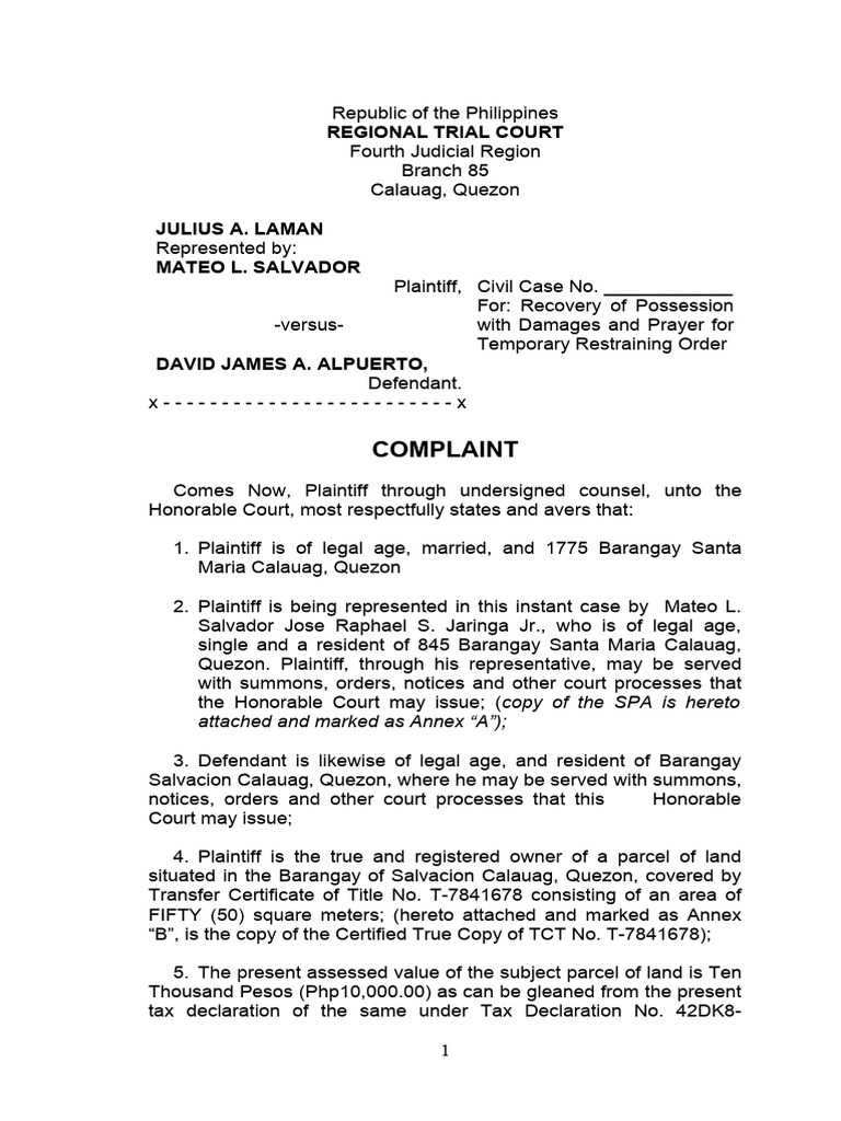 Laman - Complaint Recovery of Possesion | PDF | Injunction | Lawsuit