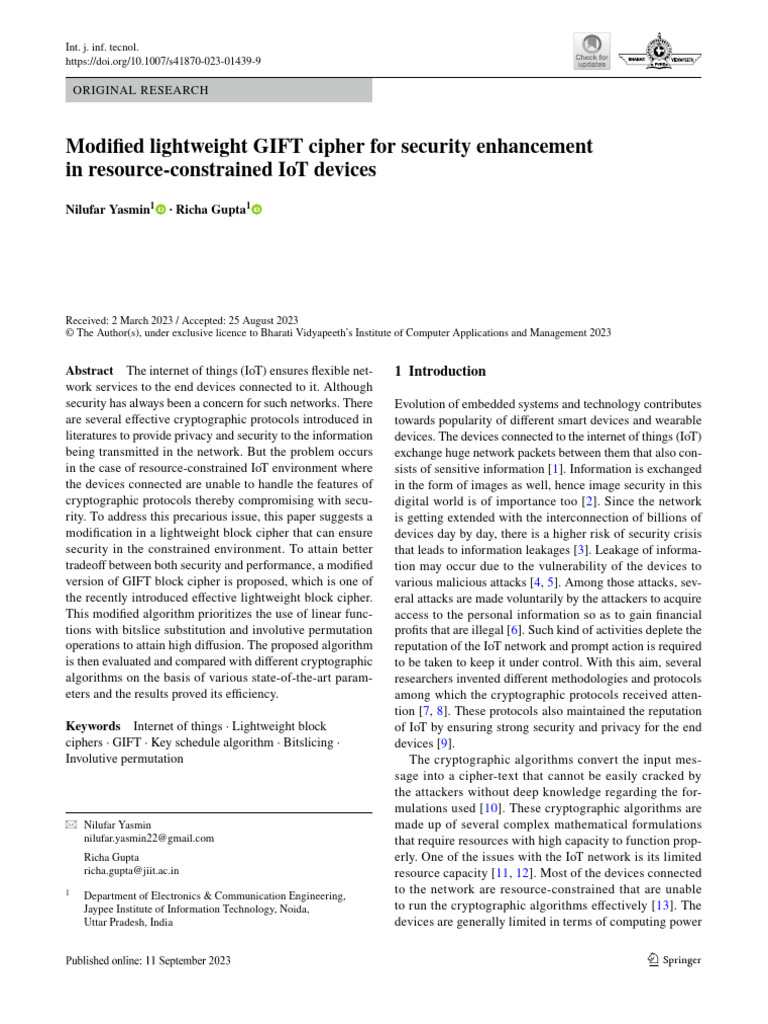 Modified Lightweight Gift Cipher For Security Enhancement in Resource Constrained Iot Devices ...