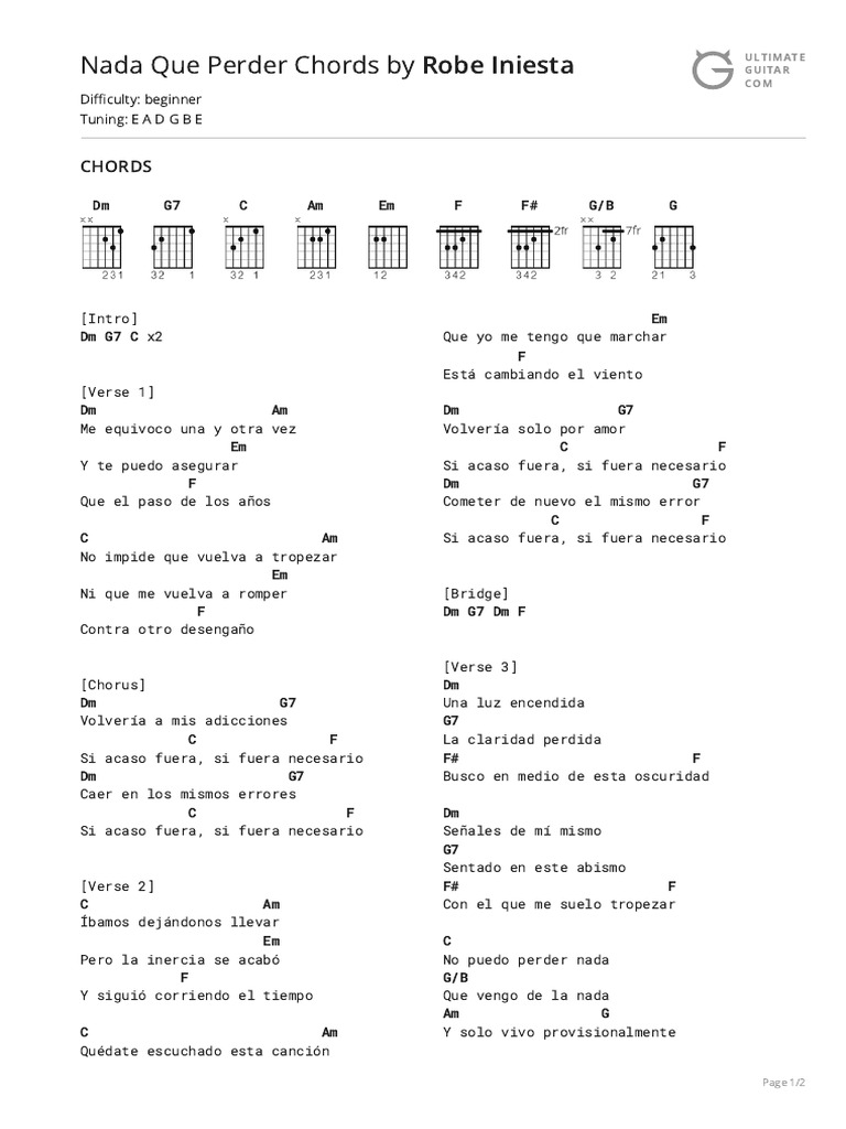 Nada Que Perder Chords by Robe Iniestatabs at Ultimate Guitar Archive | PDF