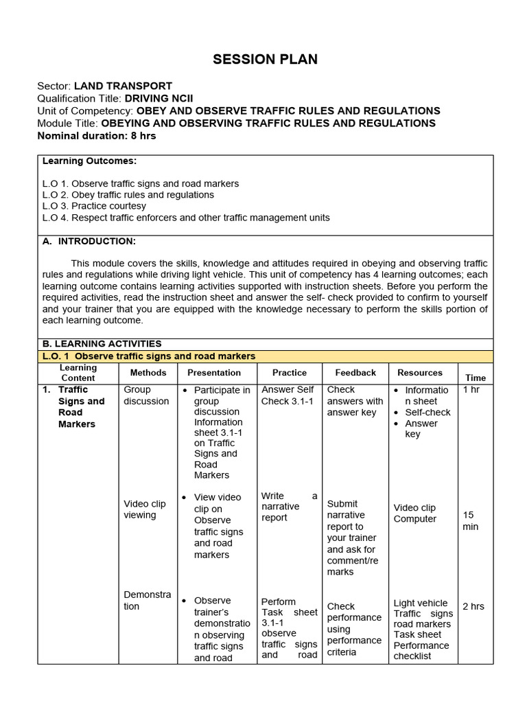 Session Plan 6 | PDF | Learning | Traffic