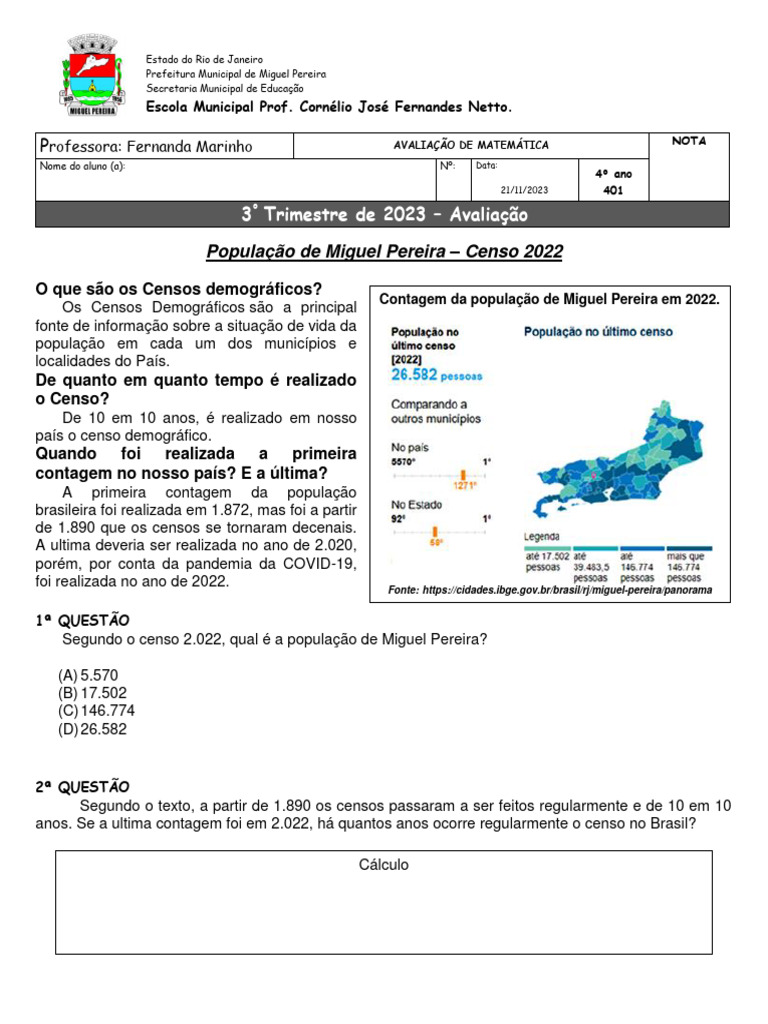 4ef - Mat - 3º Trimestre | PDF | Censo