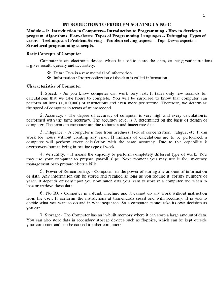 Introduction To Problem Solving Using C Unit 1 Pdf Computer Data Storage Central 7714
