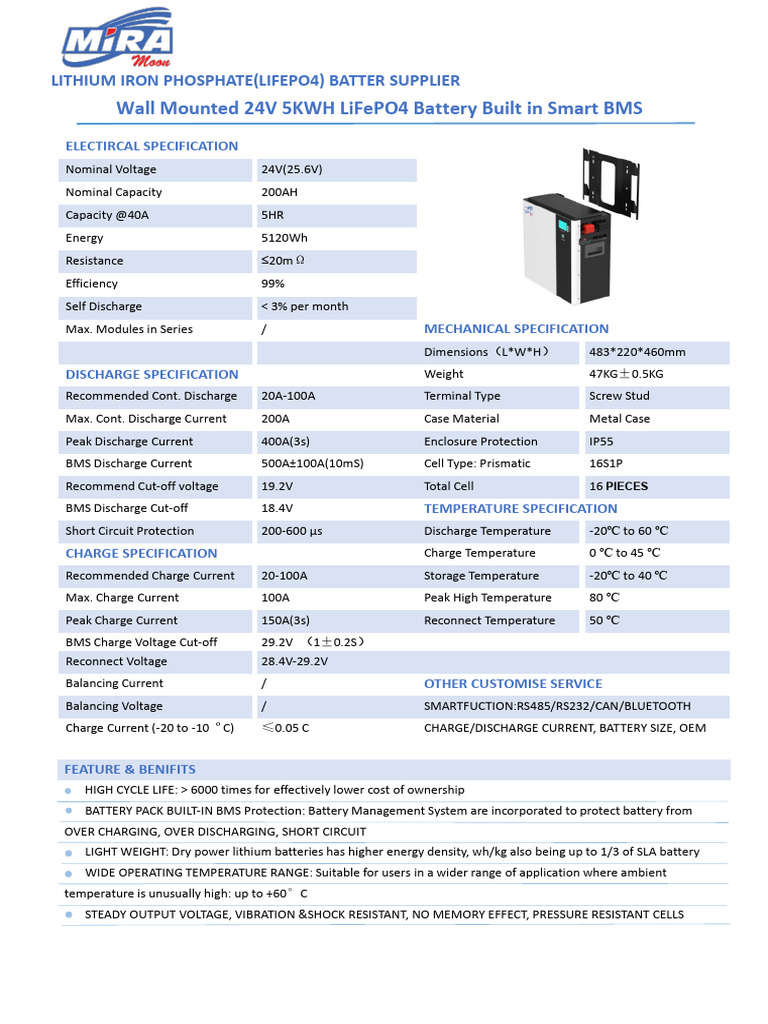 Battery 24V 5KWH Datasheet by MIRA MOON | PDF | Rechargeable Battery | Battery (Electricity)