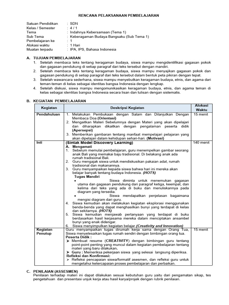 RPP 1 Lembar Kelas 1 Tema 1 | PDF | Karier & Perkembangan | Seni & Disiplin Bahasa