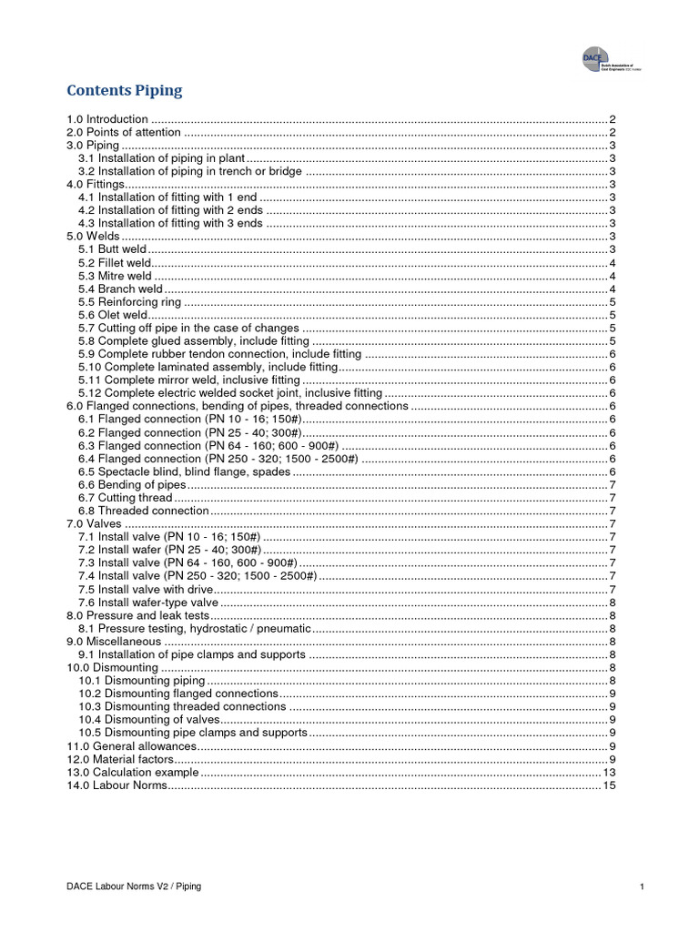 DACE Labour Norms Piping V2 | PDF | Pipe (Fluid Conveyance) | Valve