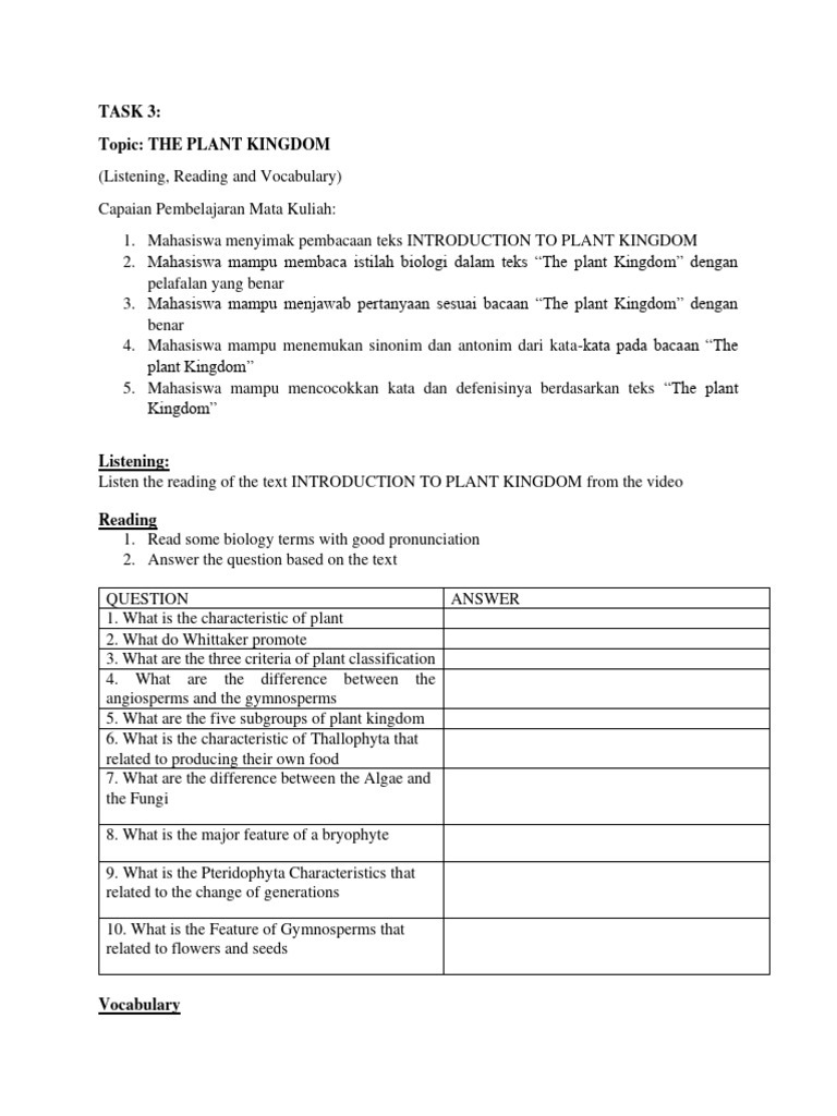 Task 3-4 - Plant Kingdom Plantae | PDF | Plants | Leaf