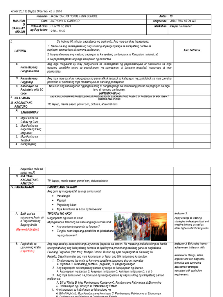 Lesson Plan For Aral Pan | PDF