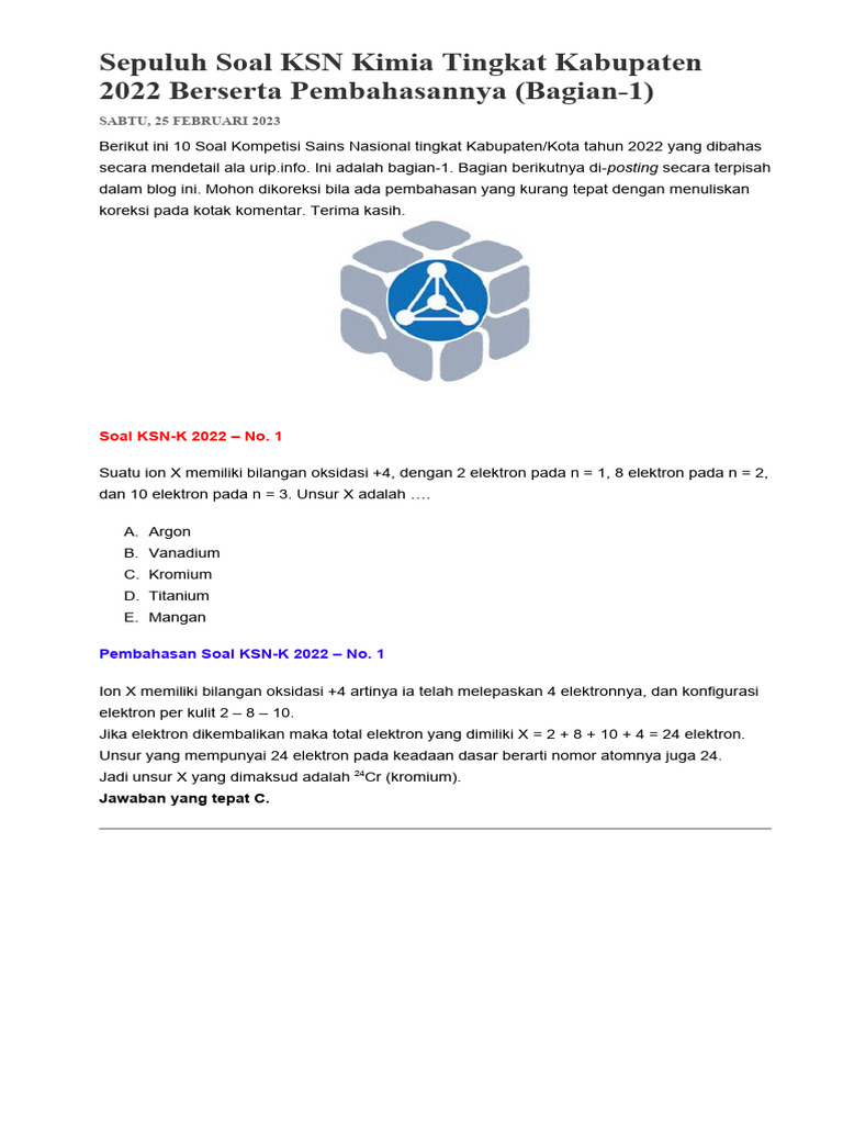 Sepuluh Soal KSN Kimia Tingkat Kabupaten 2022 Berserta Pembahasannya | PDF