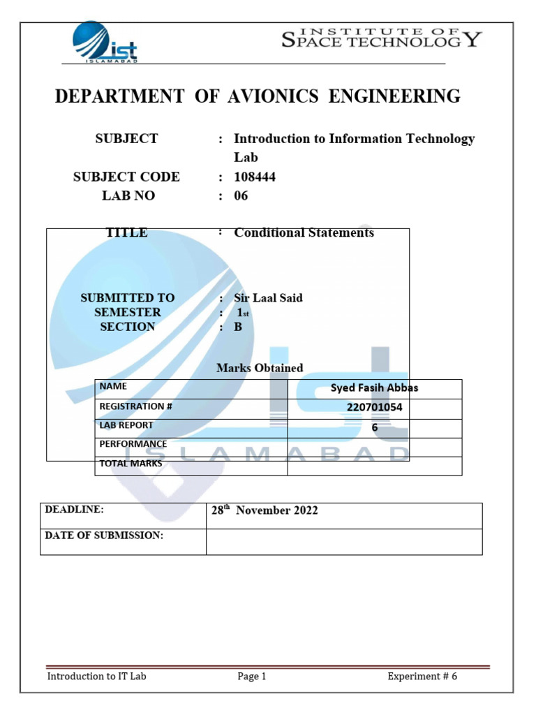 Programming Lab Report 6 (Conditional Statements) .... Syed Fasih - Institute of Space ...