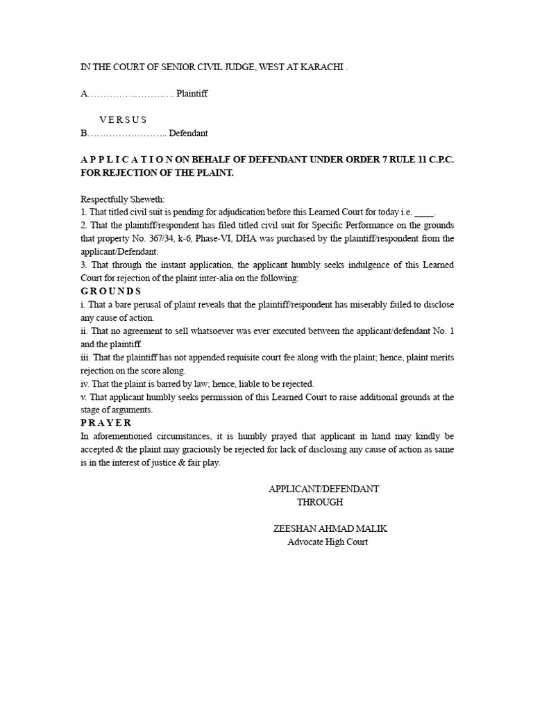 Order 7 Rule 11 Application | PDF