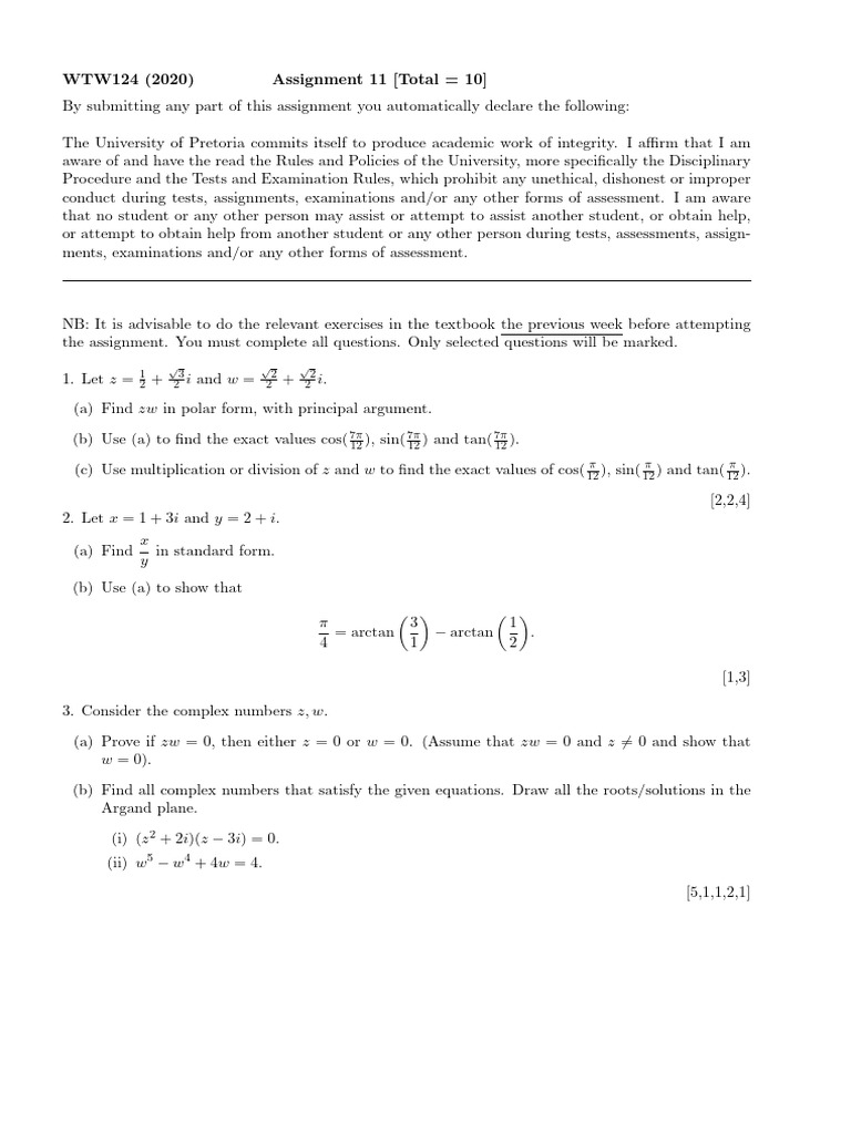 Assignment 11 | PDF | Complex Number | Complex Analysis