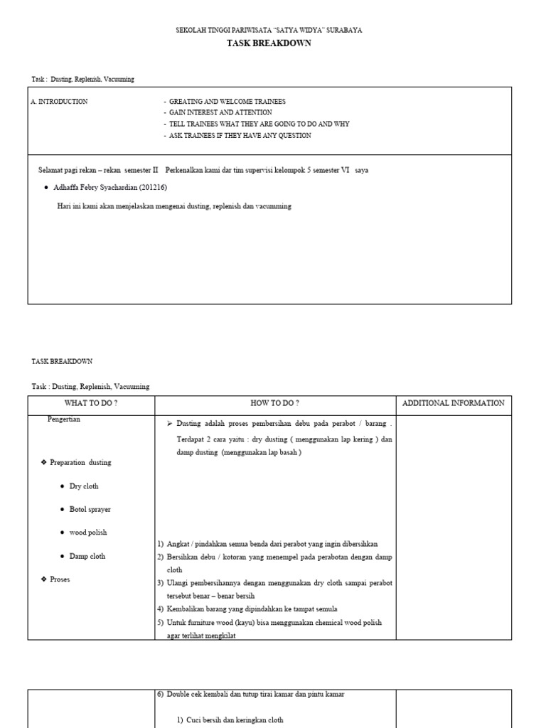 Task Breakdown Housekeeping | PDF