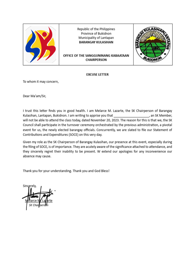 SK Excuse Letter for Barangay Event | PDF