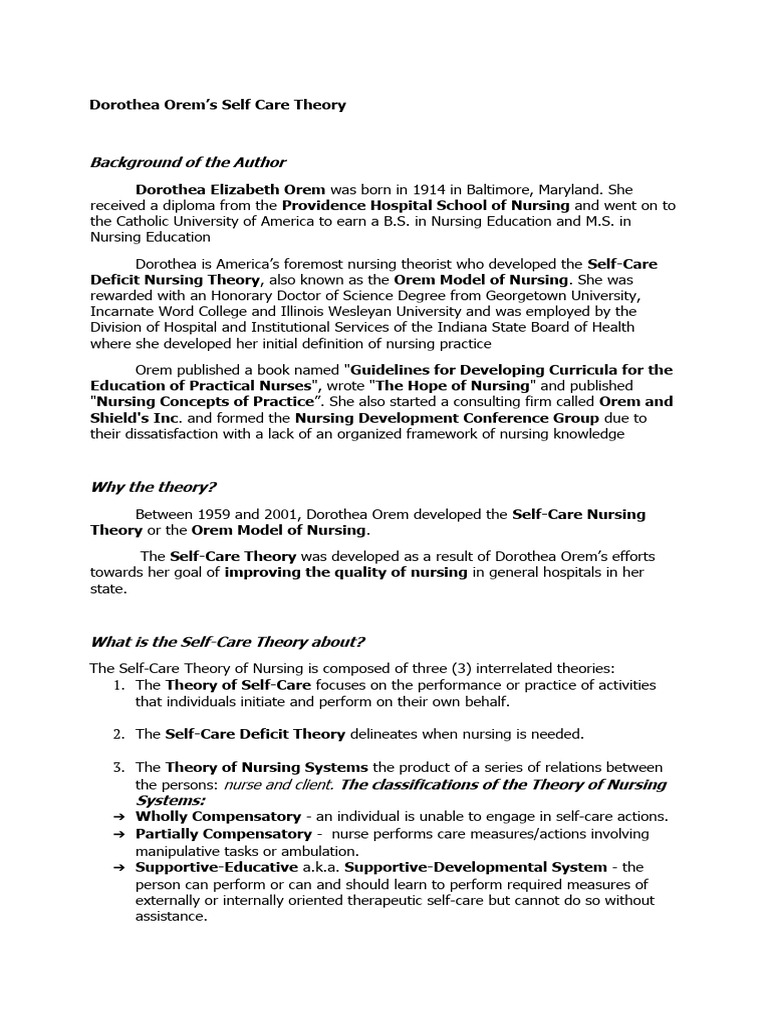 Self Care Theory Pdf Nursing Psychology