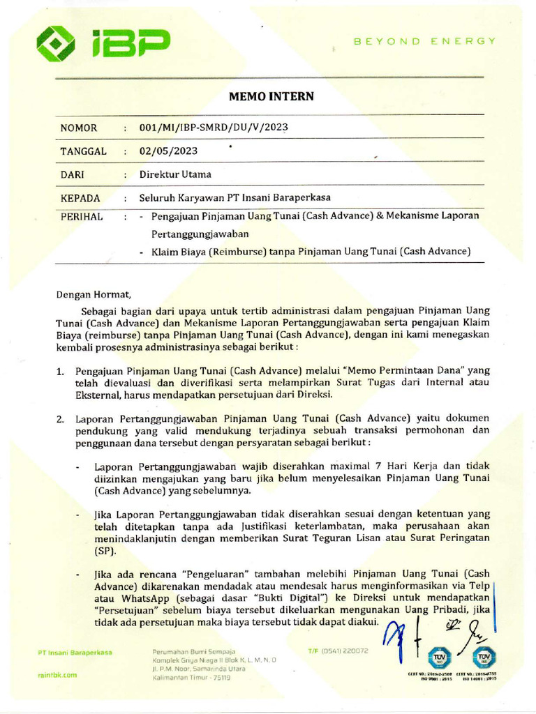 Memo Intern - Pengajuan Cash Advance Dan Klaim Biaya (Reimburse) | PDF