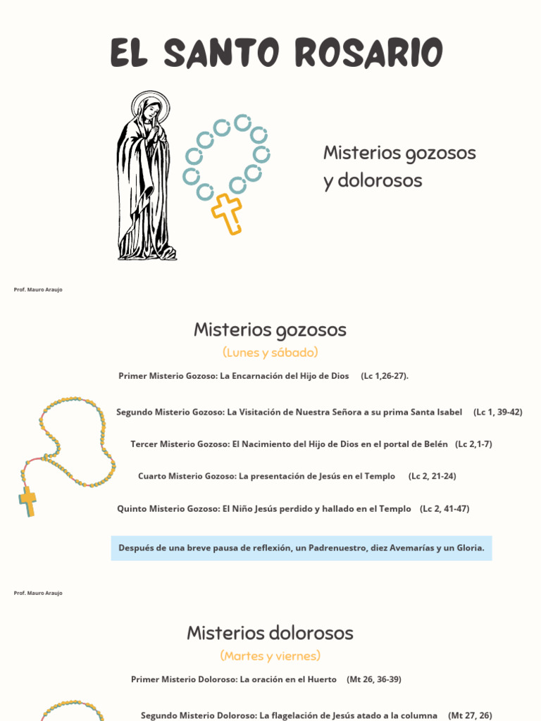 3er. Grado El Santo Rosario Misterios Gozosos y Dolorosos | PDF