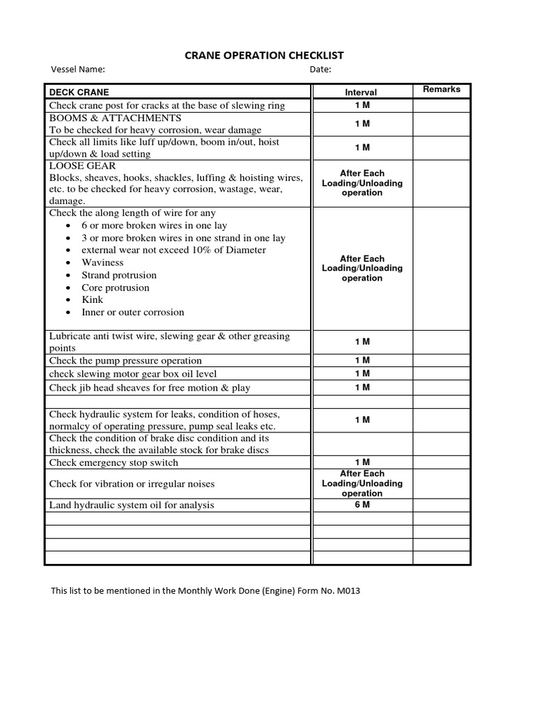 M025 DECK CRANE Operation Checklist | PDF | Crane (Machine ...