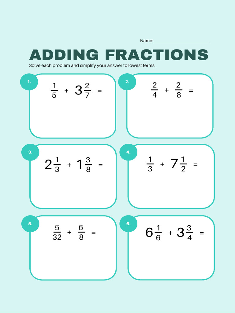 Adding and Subtracting Fractions Math Printable Worksheet Blue | PDF | Mathematical Notation ...