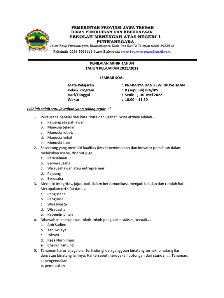 Soal Pat Pkwu KLS X 2022 | PDF