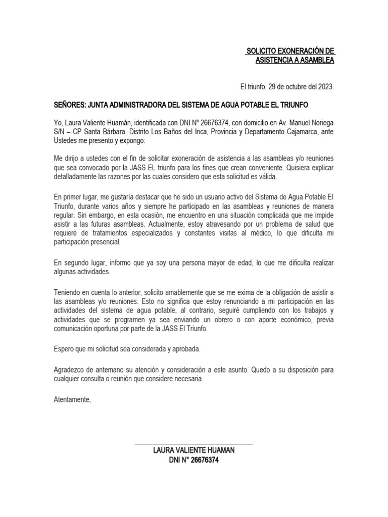 MODELO DE SOLICITUD EXONERACIÓN | PDF