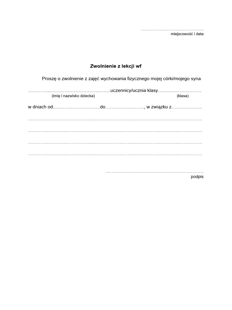 Prosba o Jednorazowe Zwolnienie Dziecka Z Lekcji WF | PDF Prosba o Jednorazowe Zwolnienie Dziecka Z Lekcji WF | PDF