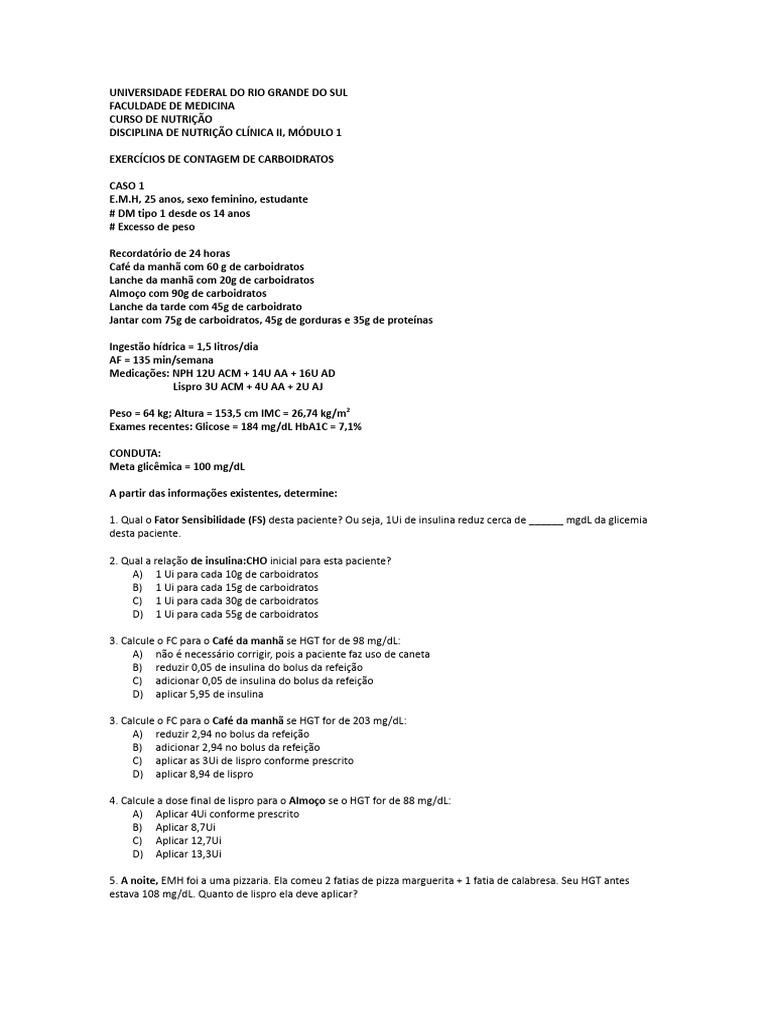 Exercícios - Contagem de Carboidratos | PDF | Bem-estar