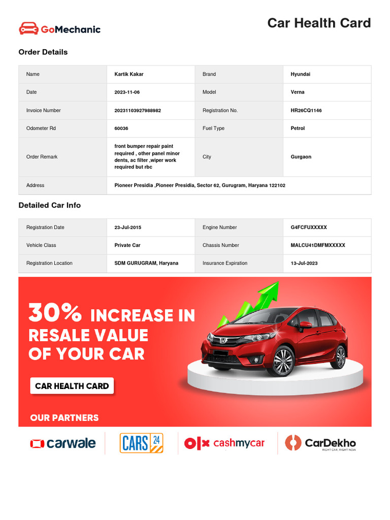 HealthCard HR26CQ1146 Hyundai Verna 20231103927988982 | PDF | Brake ...
