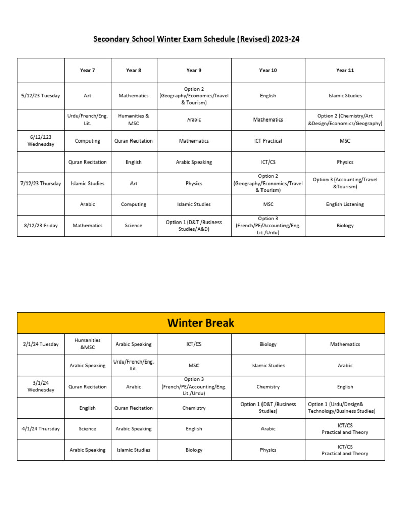 2023-24 Winter Exam Schedule | PDF | Mathematics