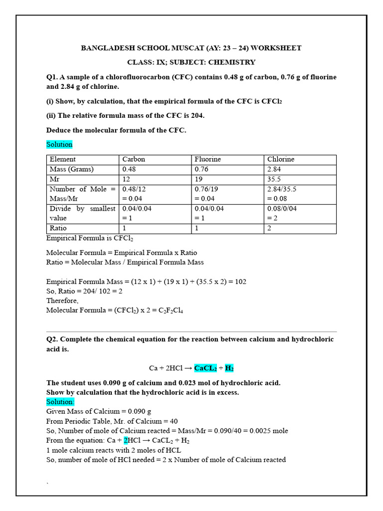 Class 9 - 1st Term Calculation Worksheet | PDF | Mole (Unit) | Chemistry