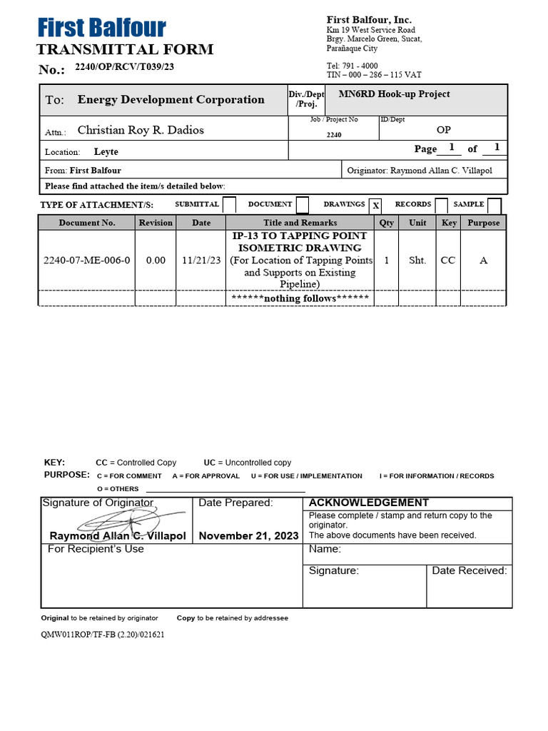 2240-OP-RCV-T-039-23 Tapping Point Isometric Drawing | PDF | Mechanical Engineering | Plumbing