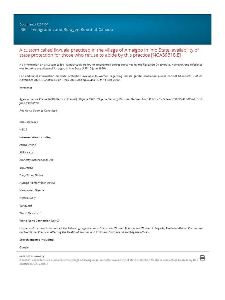 IRB - Immigration and Refugee Board of Canada - "A Custom Called ...