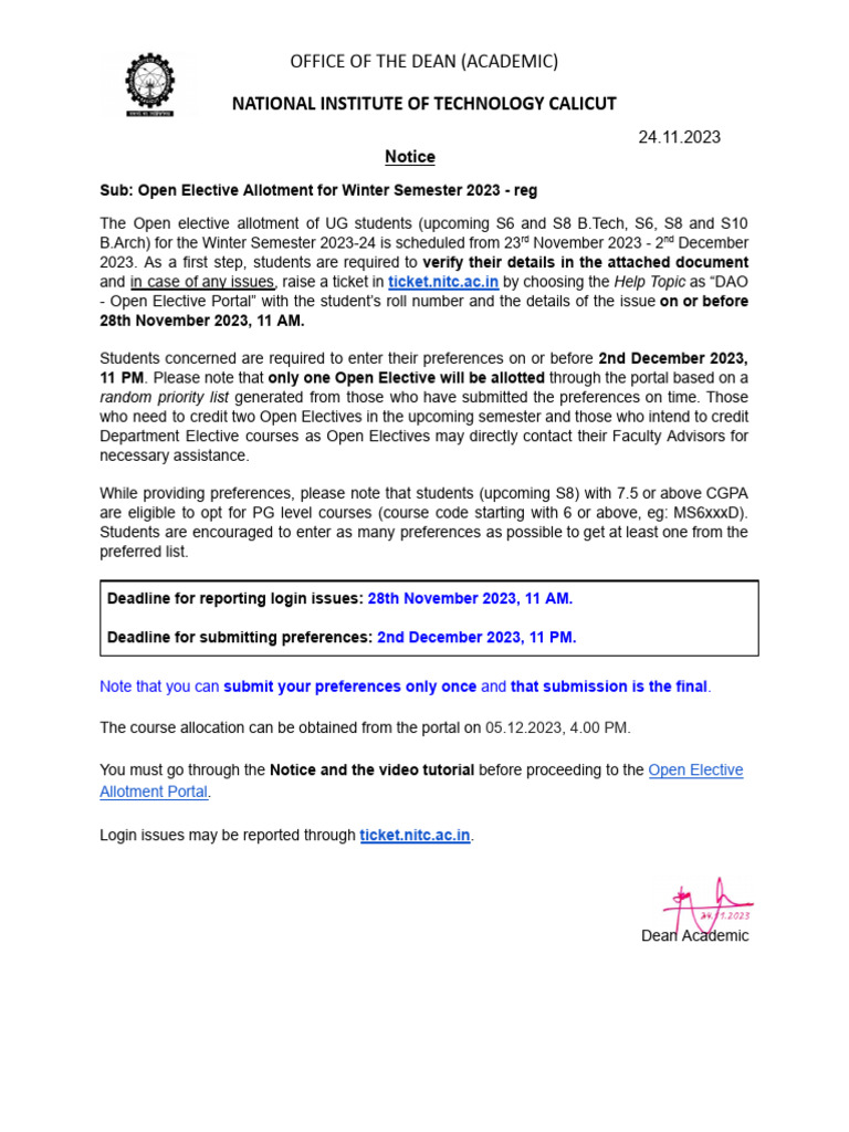Winter Semester-2023-24 Open Elective Allotment Notice | PDF