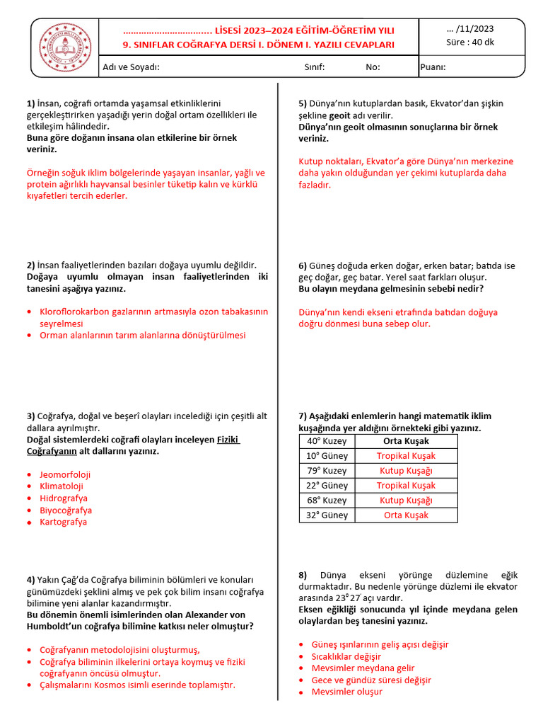 9 Sinif 1 Donem 1 Yazili Cevap Anahtari 2023 2024 | PDF