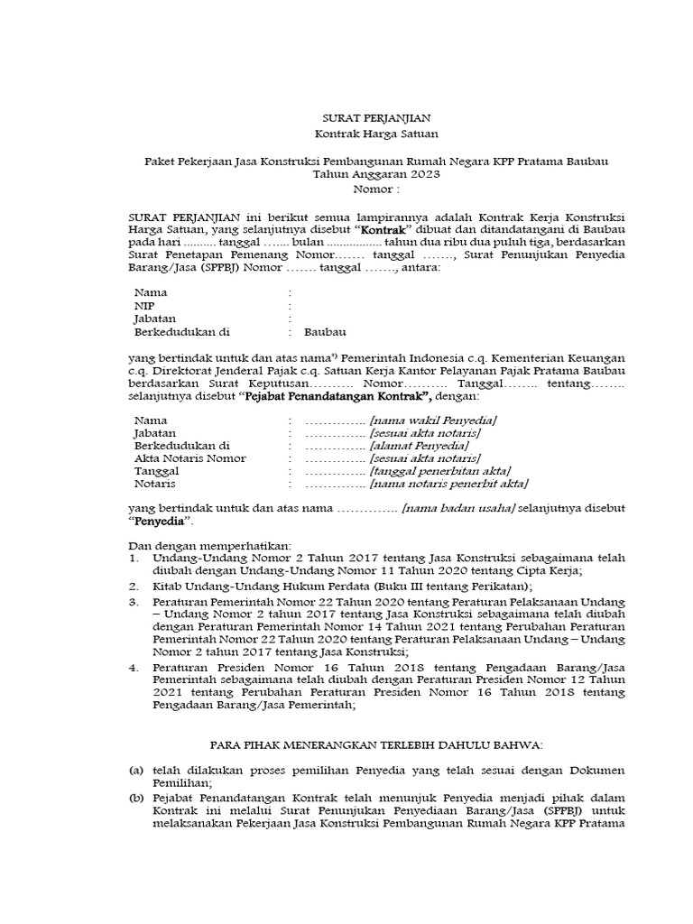 Rancangan Surat Perjanjian SSUK Dan SSKK | PDF