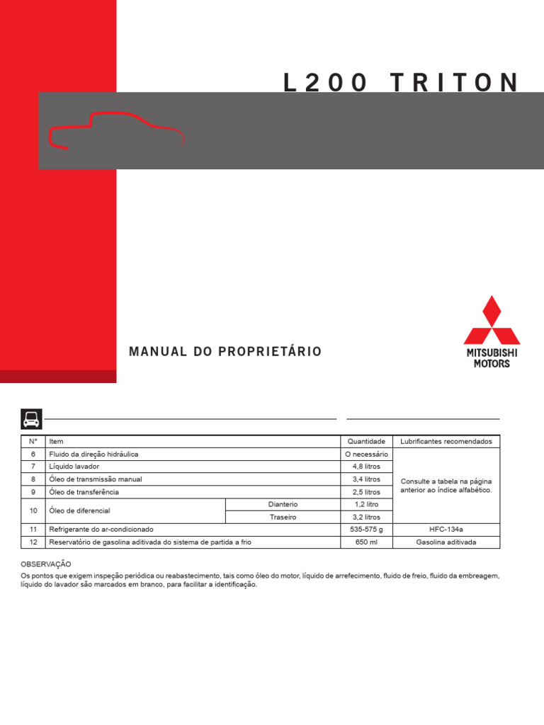 L200 Triton: Manual Do Proprietário | PDF | Líquidos | Engenharia Mecânica