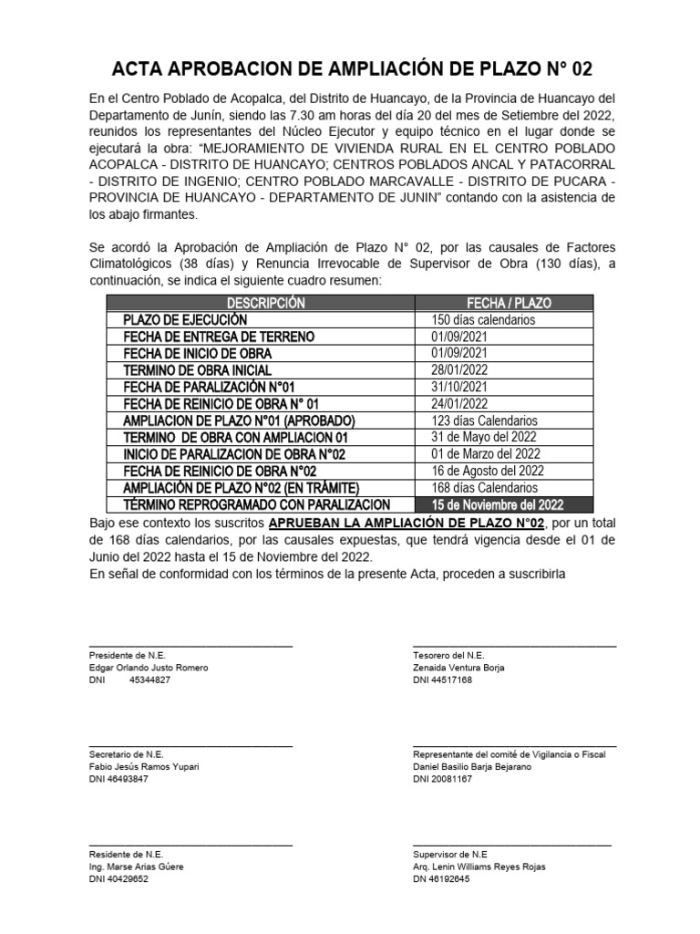 Acta de Ampliacion de Plazo N°02 | PDF