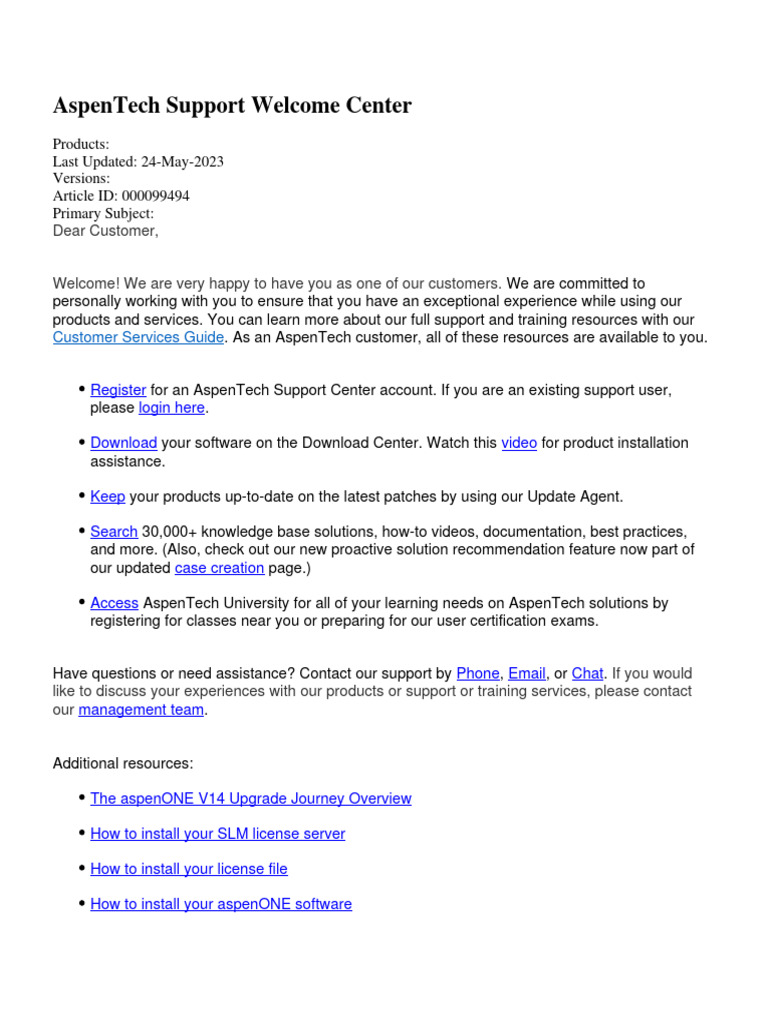 AspenTech Support Welcome Center | PDF