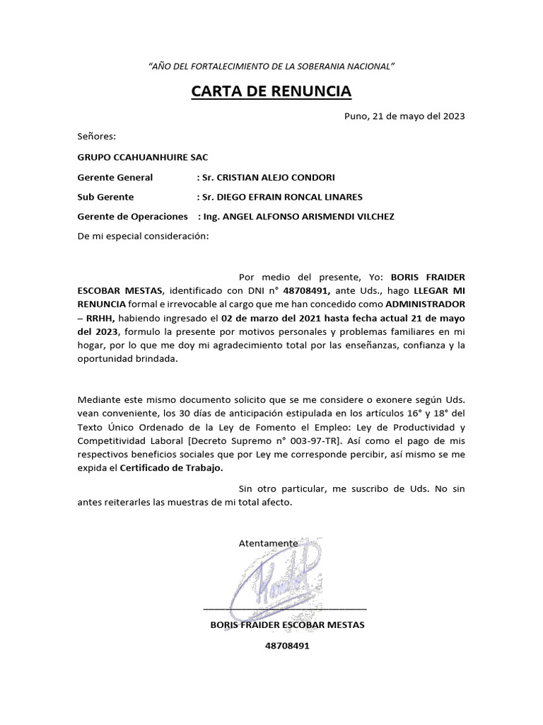 Renuncia de Boris Fraider Escobar | PDF