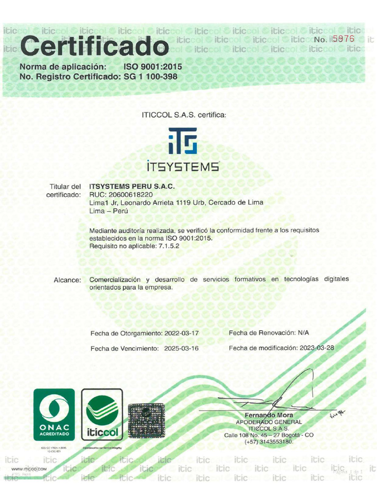 Empresa Certificada Con Iso 9001 2015 - Itsystems Peru | PDF