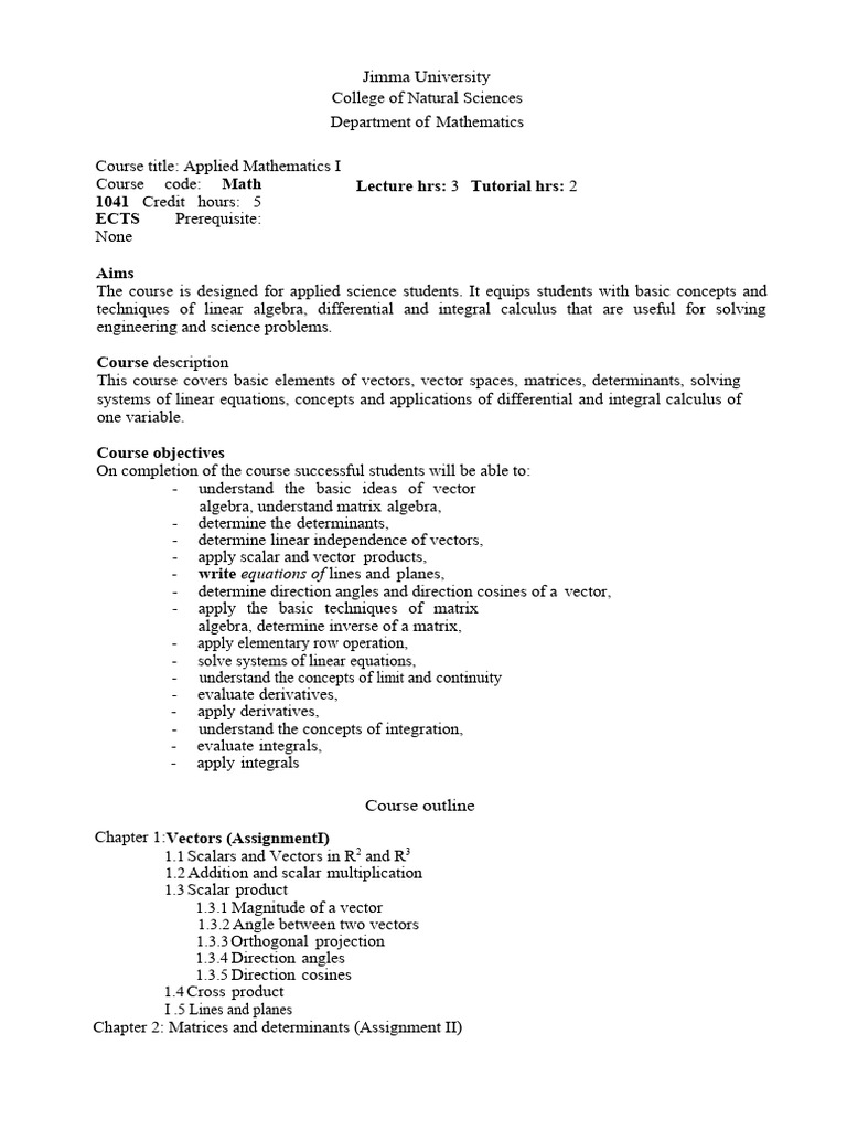 Course Outline Applied I | PDF | Matrix (Mathematics) | Vector Space