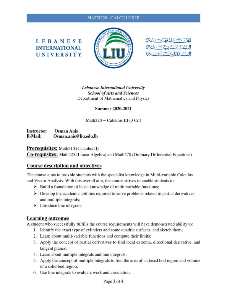 Math220 Syllabus Summer 2020-2021 | PDF | Derivative | Integral