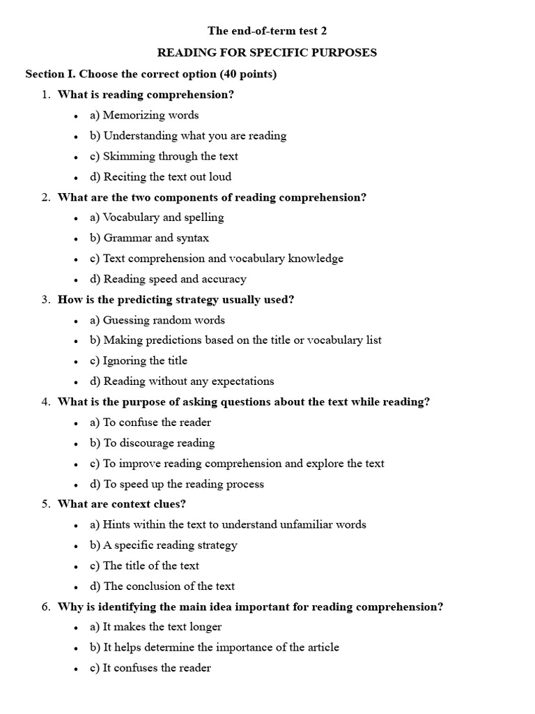 Reading Comprehension Strategies Test | PDF | Reading Comprehension ...